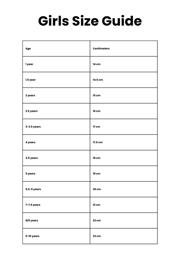 Girls size chart – khussa Mahal